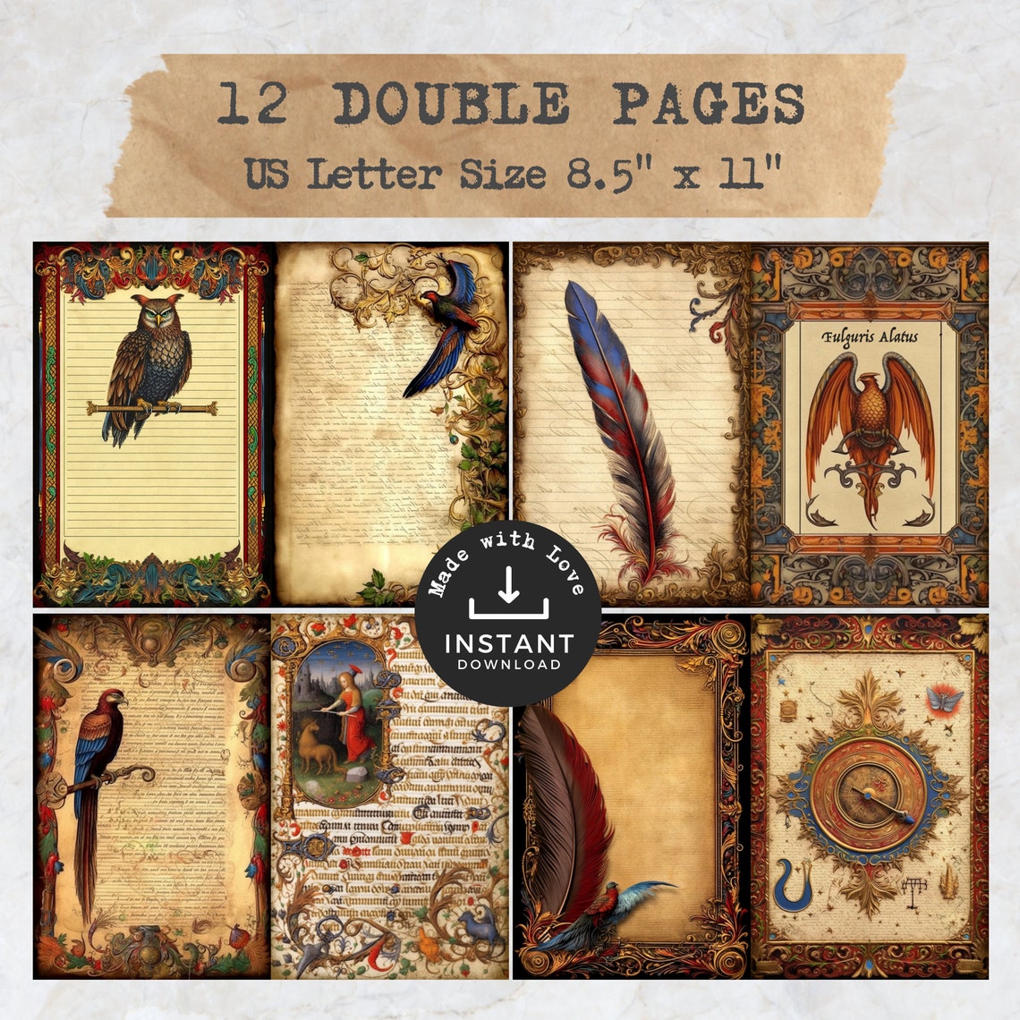 Medieval Junk Journal Page, Gothic Script Fantasy Ephemera, Mythical ...