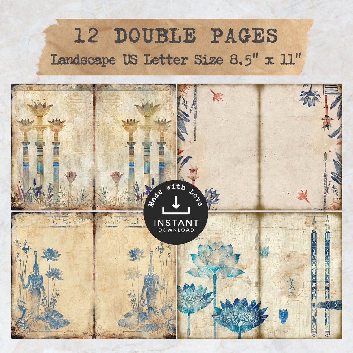 Egypt Junk Journal, 12 Egyptian Papyrus Digital Journal Pages + 18 Tags ...