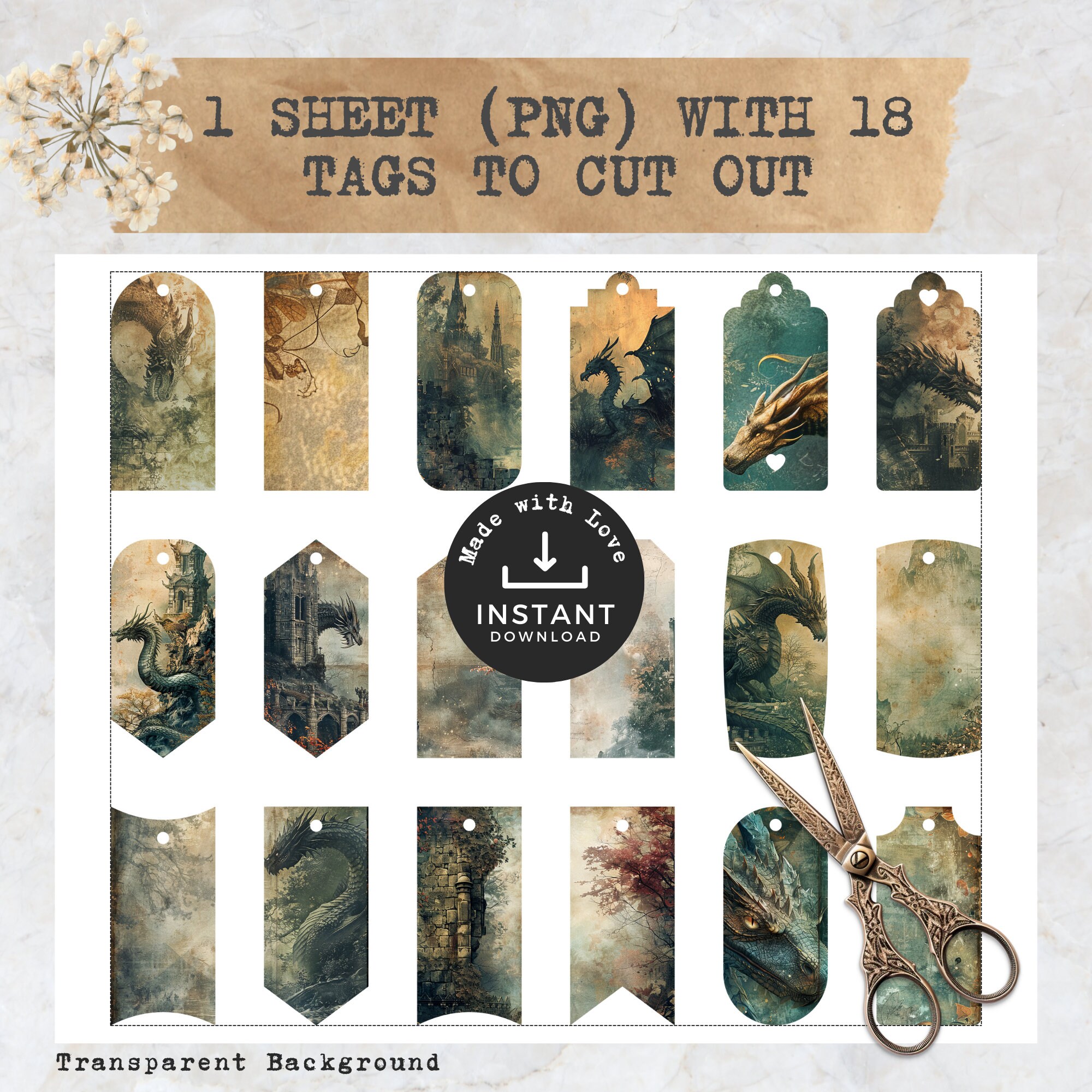 Fantasy Dragon Junk Journal, 12 Vintage Digital Journal Pages + 18 Tags ...