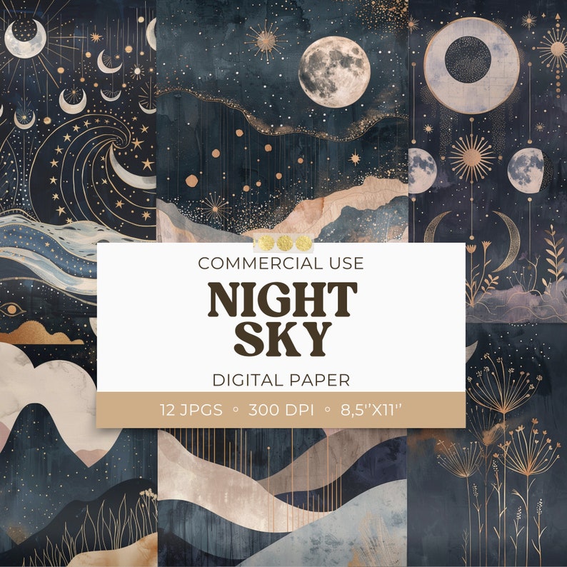 Printable Paper Night Sky, Celestial Starry Night Digital Paper ...
