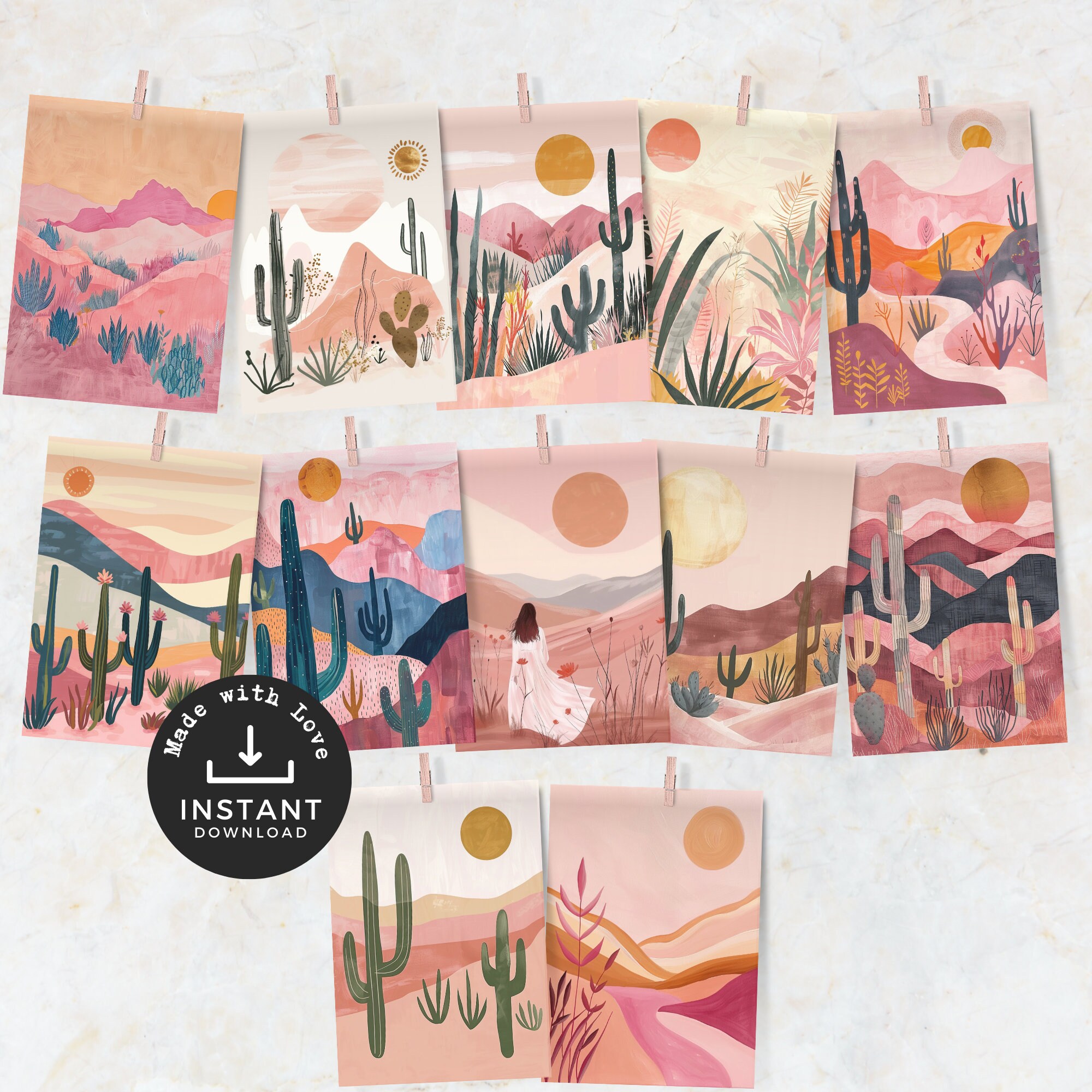 Pink Boho Sun Printable, Digital Papers, Pink Boho Desert Scenes, 8 ...