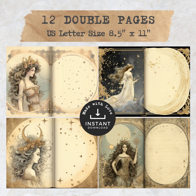 Moon Goddess Junk Journal Pages, Double Journal Pages Celestial ...