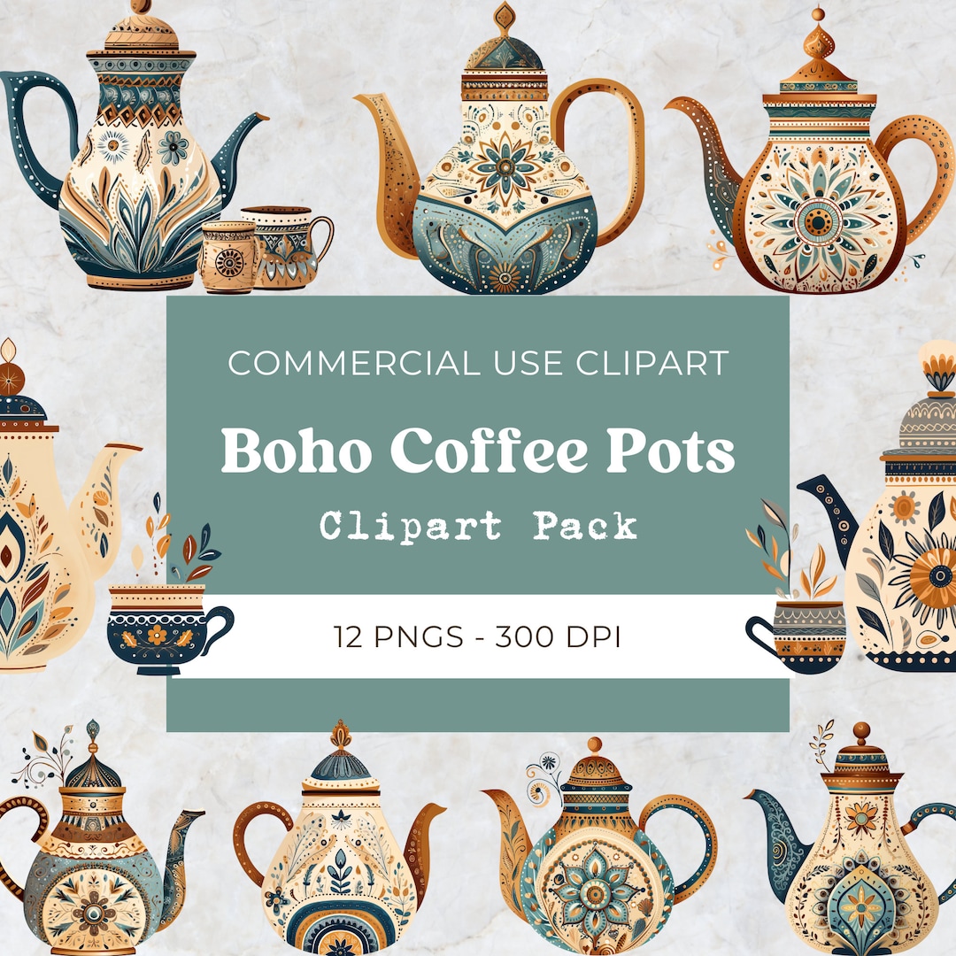 Coffee Pot Clipart, Boho Coffee Set Clip Art, Hygge Coffee Tea, Coffee ...