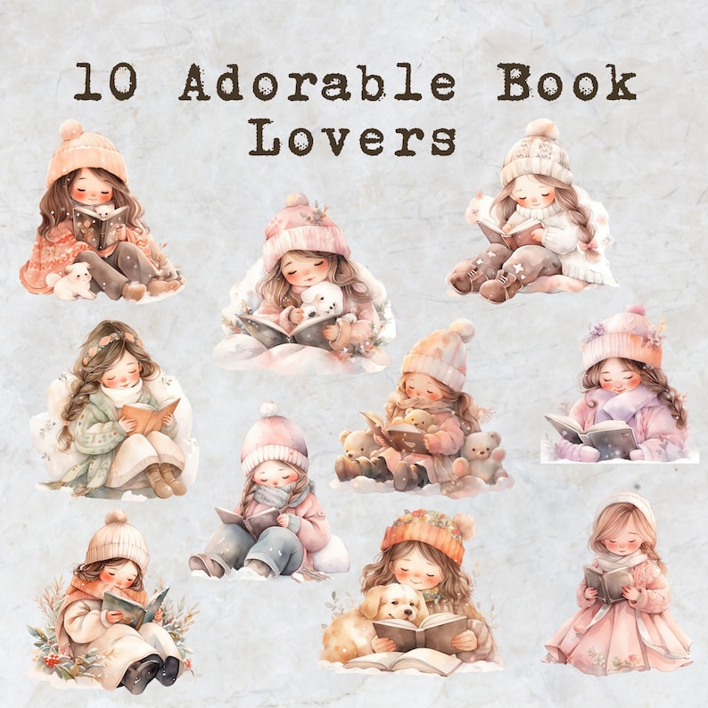 Little Girl Reading Clipart, Book Lover Clipart, Bookworm, Winter ...
