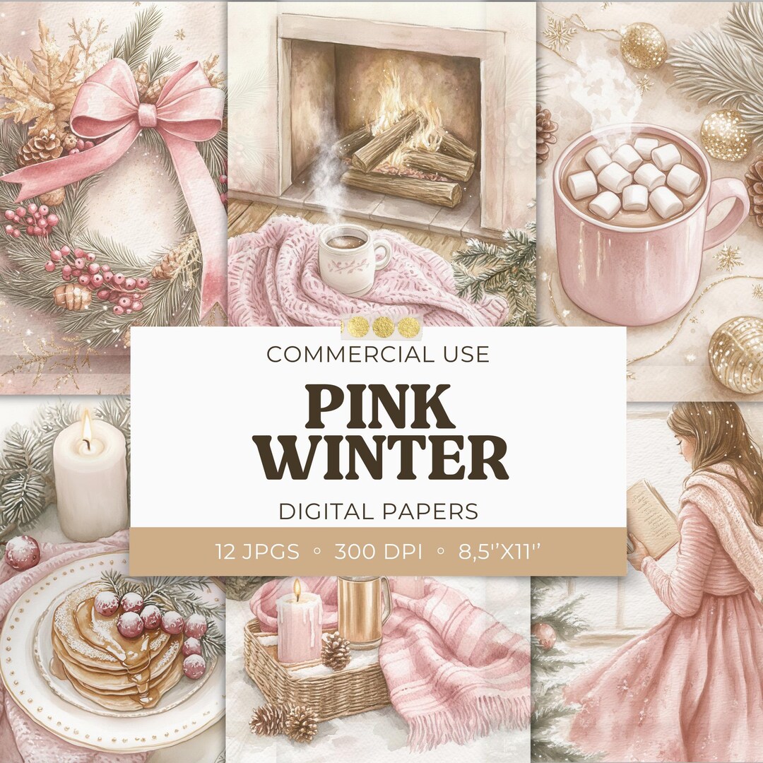 Pink Winter Printable Digital Papers, Watercolor Cozy Christmas ...