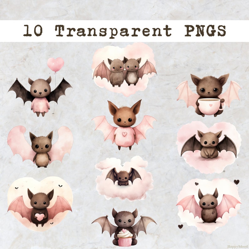 Cute Valentine Bat Clipart, Watercolor Baby Animal, Valentine's Day ...