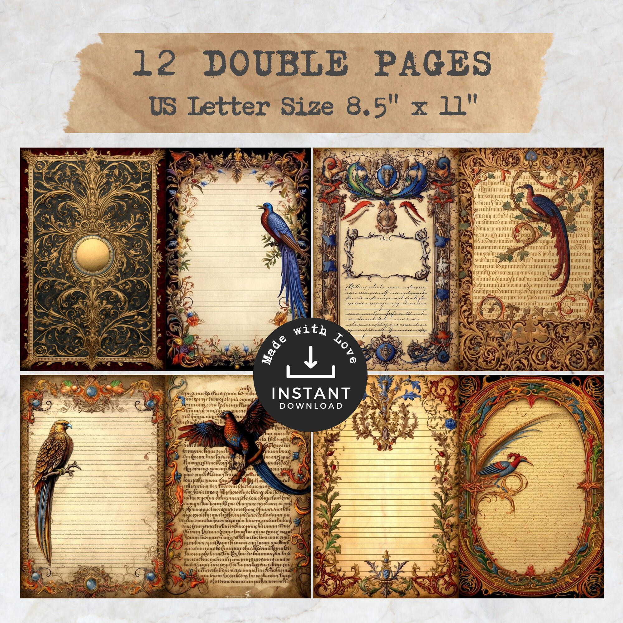 Medieval Junk Journal Page, Gothic Script Fantasy Ephemera, Mythical ...