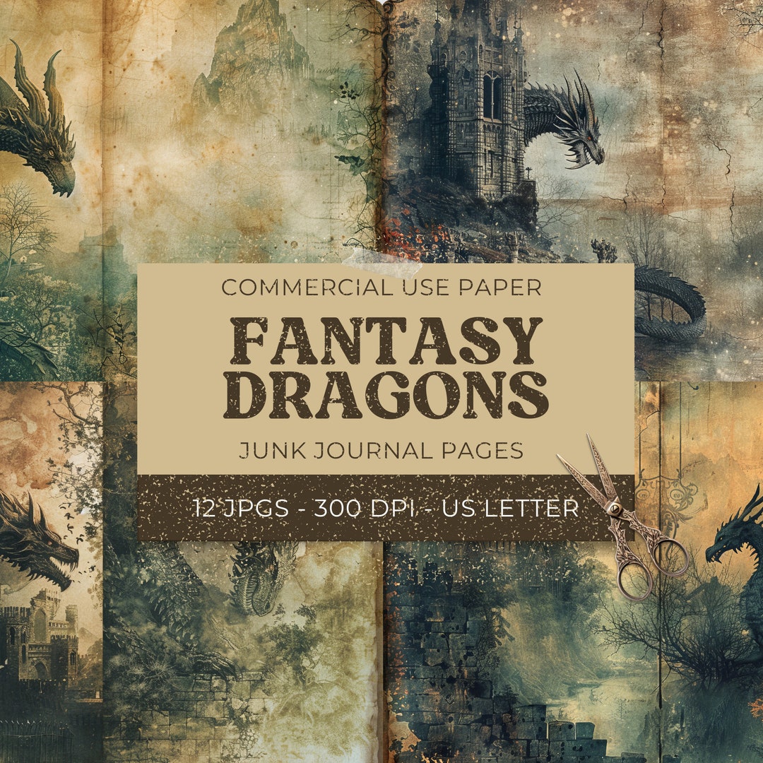 Fantasy Dragon Junk Journal, 12 Vintage Digital Journal Pages + 18 Tags ...