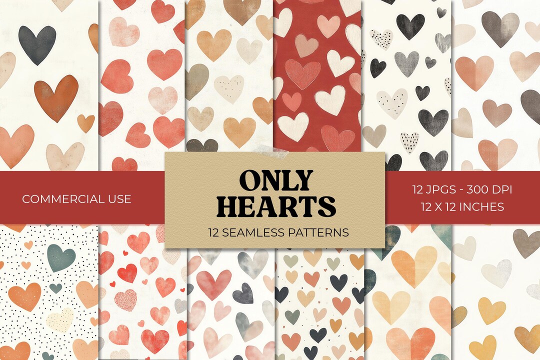 12 Valentine Hearts Seamless Digital Papers, Heart Scrapbook Paper ...