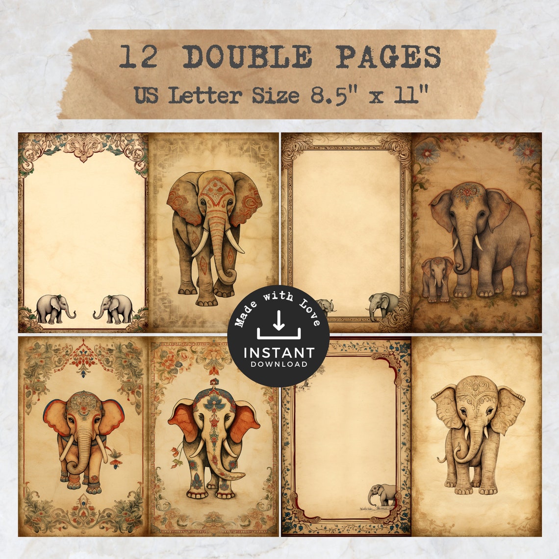 Elephant Junk Journal Printable, Baby Elephant Background, Vintage ...