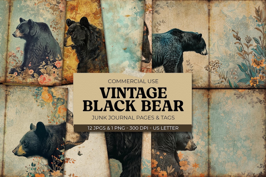 Vintage Black Bear Junk Journal Pages, Rustic Digital Paper, Floral ...