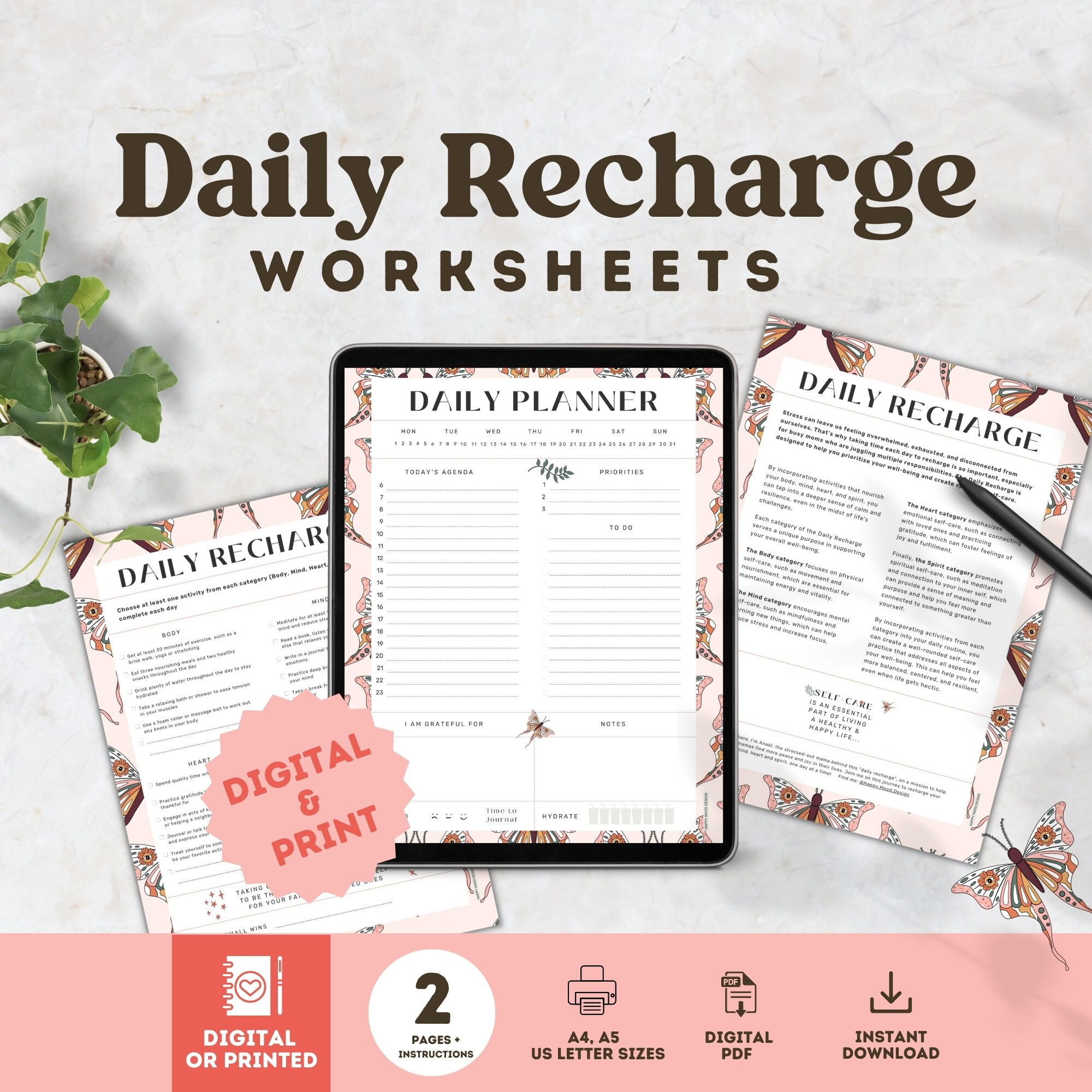 Boho Daily Planner Printable Butterfly A5, A4, US Letter, PDF With Self ...