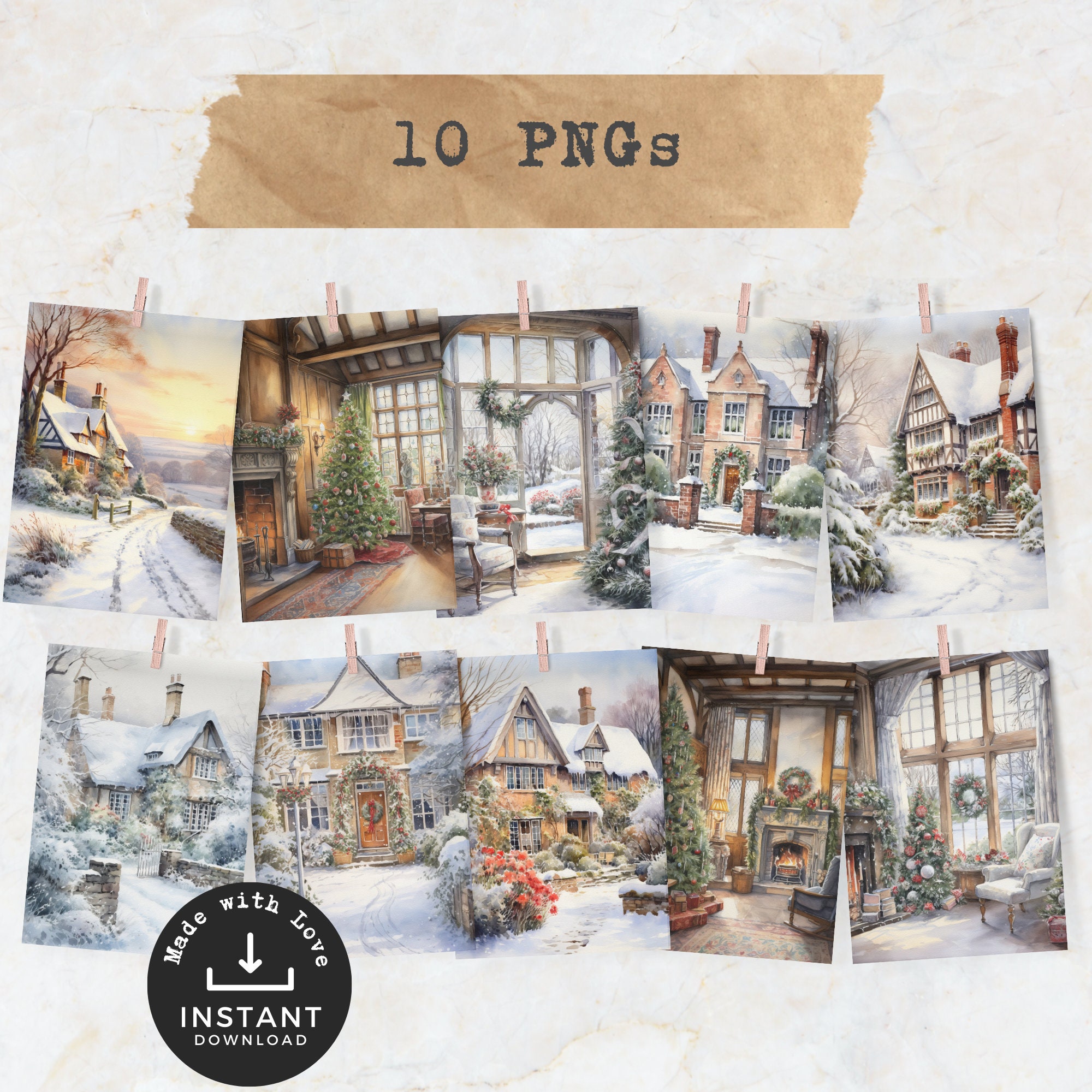 Christmas Cottage Backgrounds, Watercolor Winter 8.5x11 Papers Junk ...