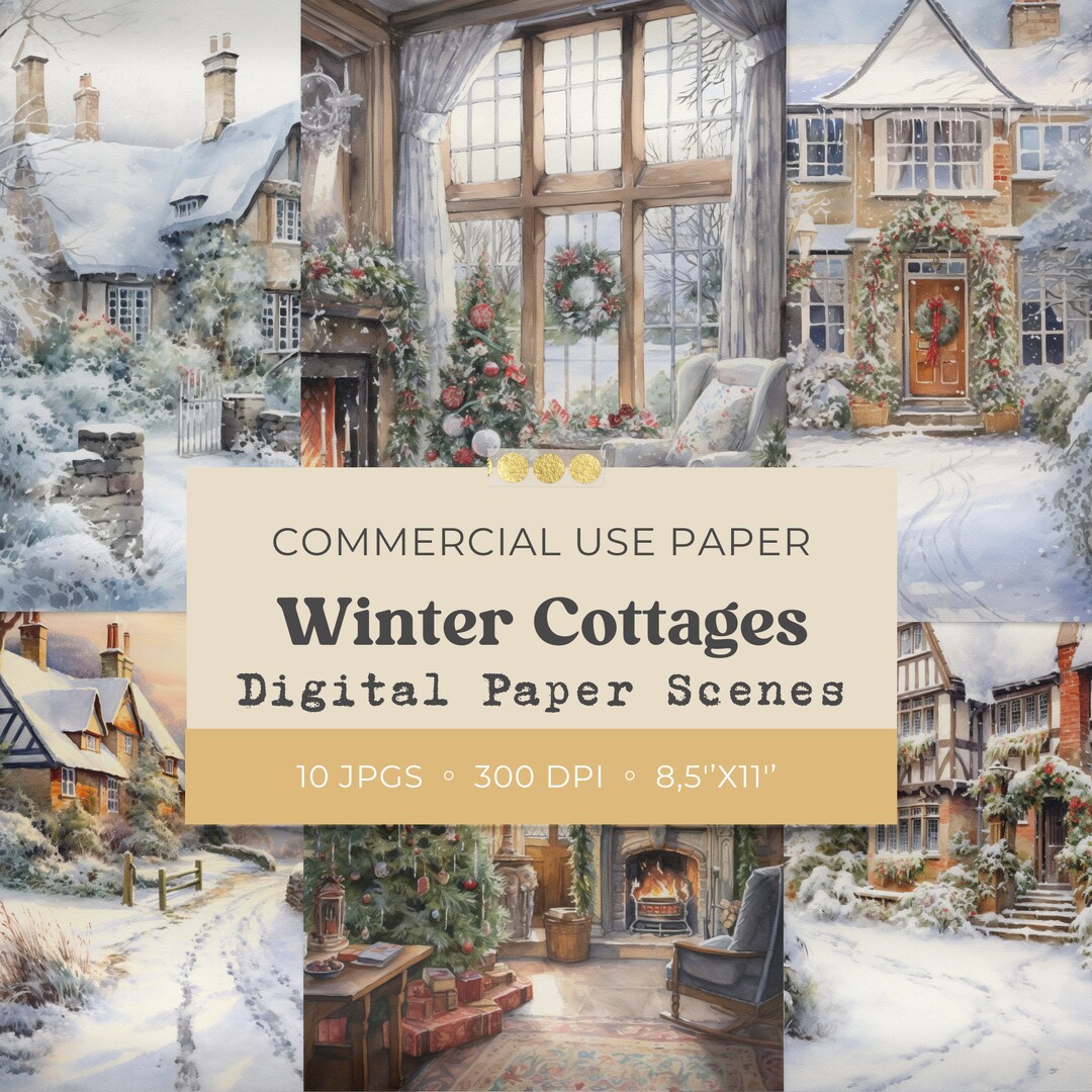 Christmas Cottage Backgrounds, Watercolor Winter 8.5x11 Papers Junk ...