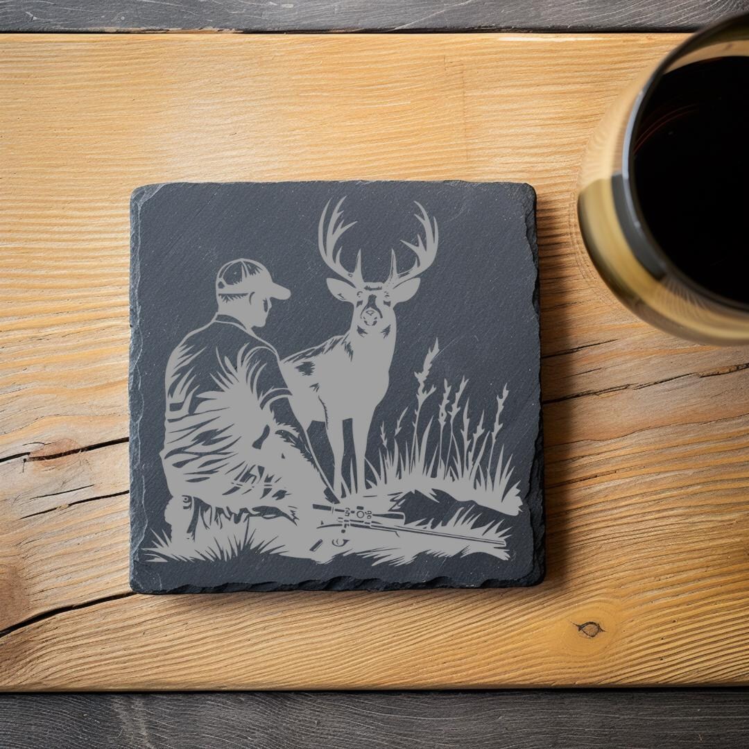 Hunter and Deer Engraved Slate Coaster Rustic Hunting Lodge Decor ...