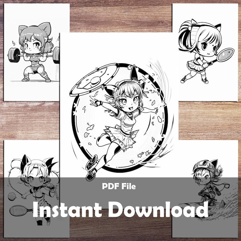 Chibi Cat Girls Doing Sports Coloring E-book for Adults and Kids. 175 ...