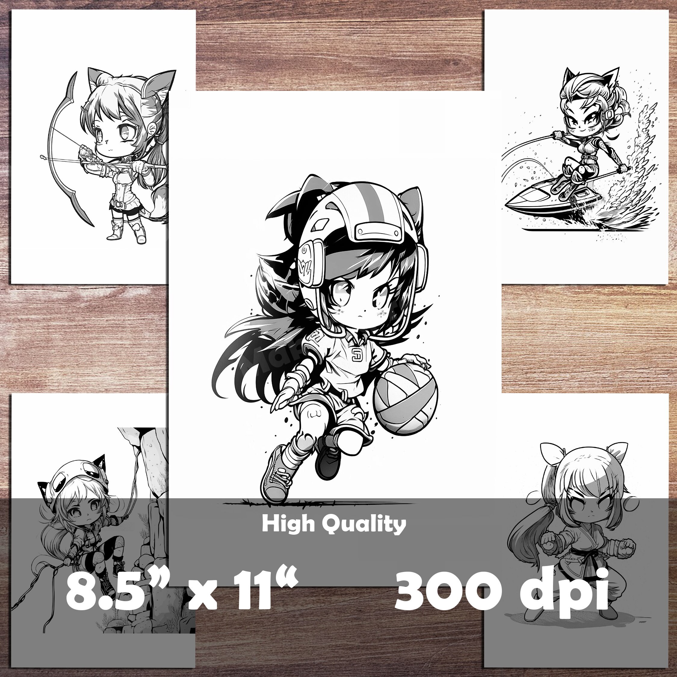 Chibi Cat Girls Doing Sports Coloring E-book for Adults and Kids. 175 ...