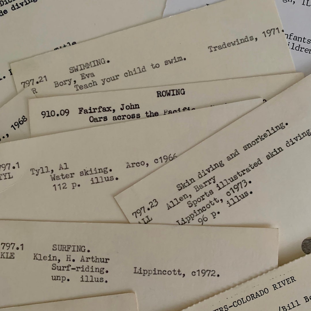Water Sports Theme Library Catalog Cards | 6 Vintage Index Cards From ...