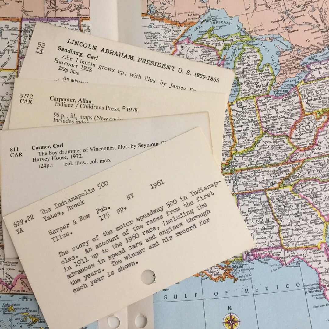 Indiana Theme Library Catalog Cards | 4 Vintage Index Cards From ...