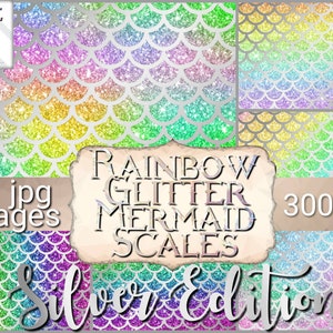 Mermaid Scale Digital Paper, Rainbow Glitter Mermaid Scales Digital ...
