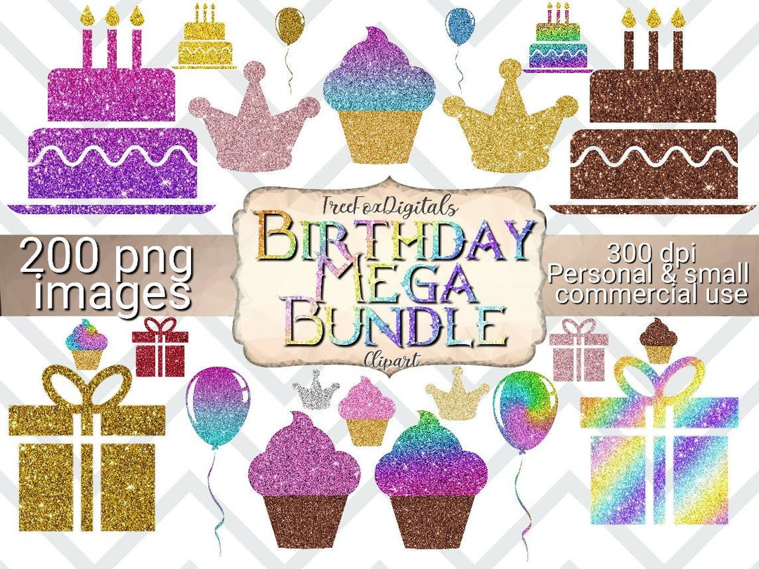 Birthday Clipart Bundle, Glitter Birthday Party Clipart, Commercial Use ...