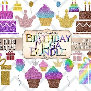 Birthday Clipart Bundle, Glitter Birthday Party Clipart, Commercial Use ...