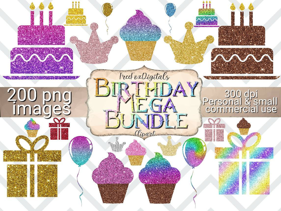 Birthday clipart bundle glitter birthday party clipart | Etsy