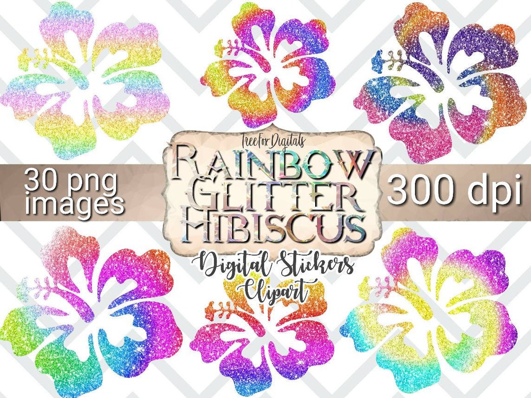 Hibiscus Clipart, Glitter Rainbow Hibiscus Digital Stickers, Hawaiian ...