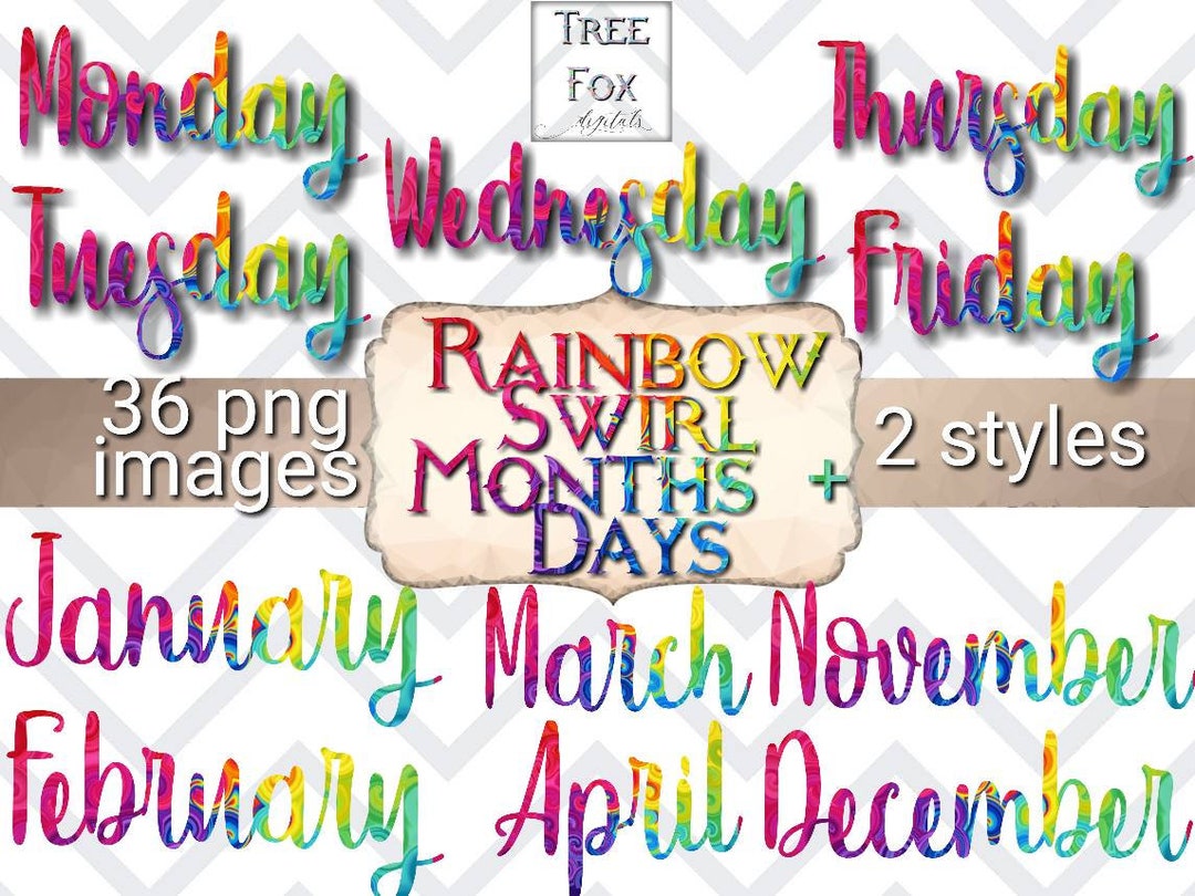 Digital Stickers Rainbow Months Days, Rainbow Swirl Planner Stickers ...