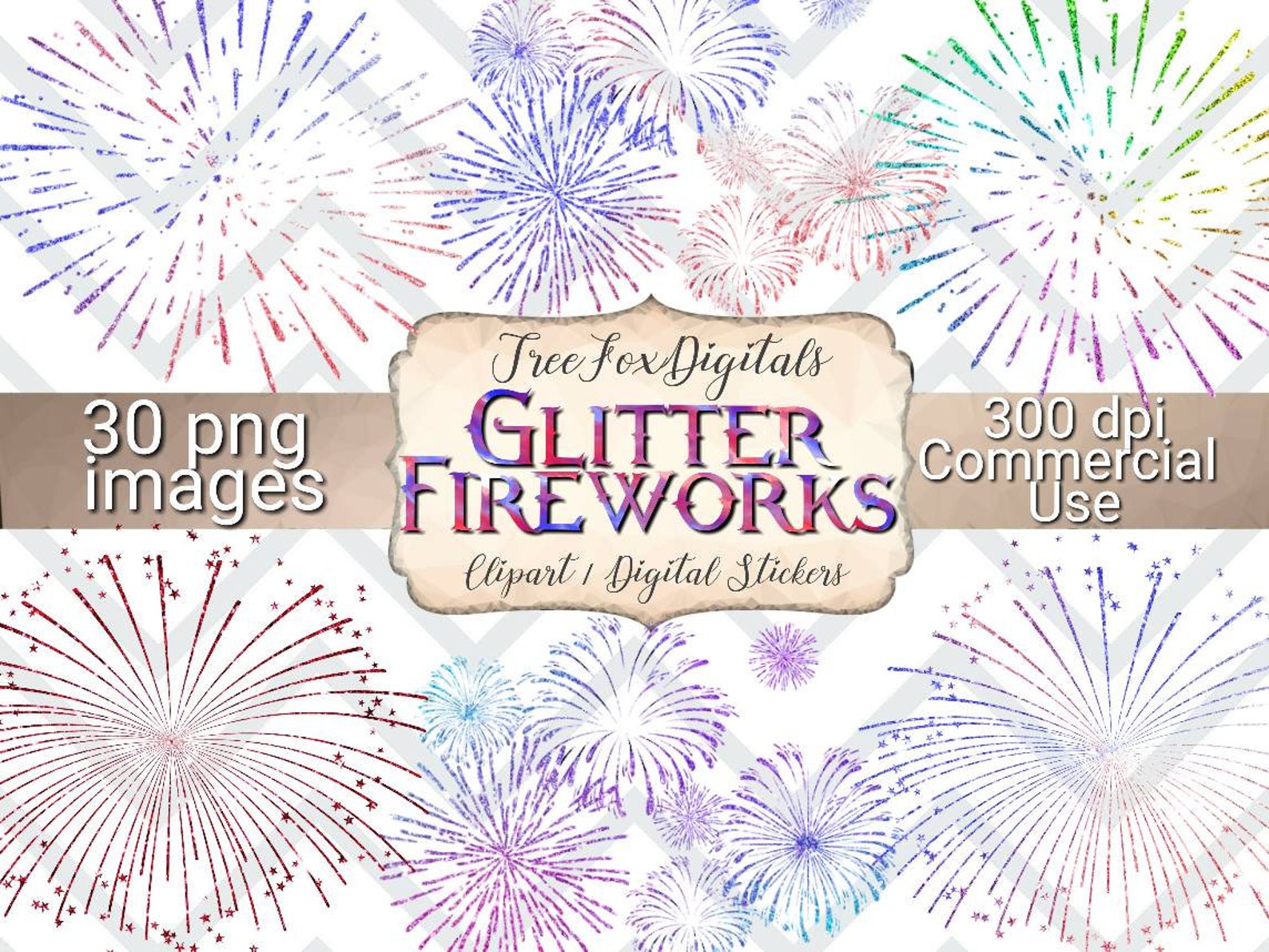 Glitter Fireworks Clipart 4th of July Digital Stickers, Independence ...