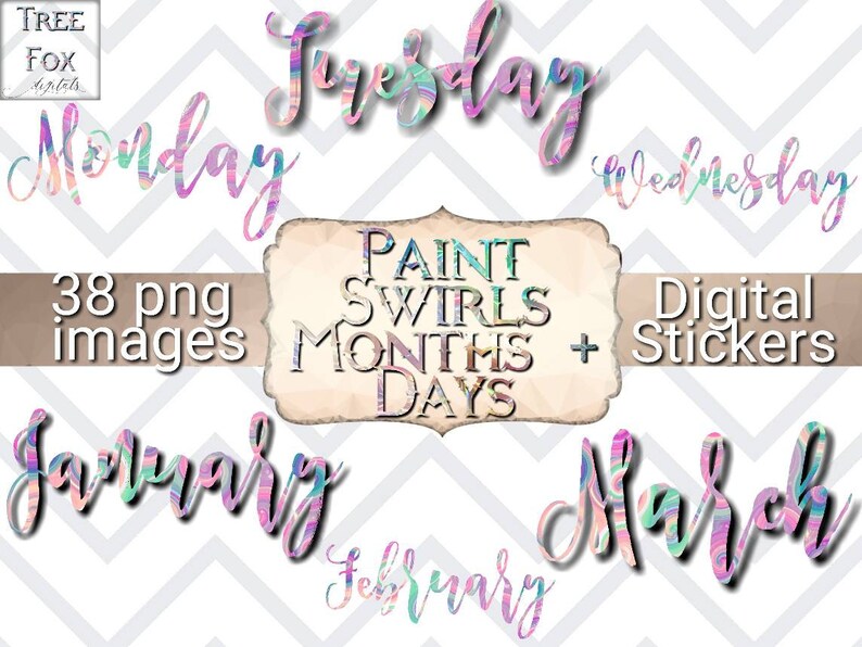 Digital Planner Stickers Months Days Paint Swirl Goodnotes | Etsy