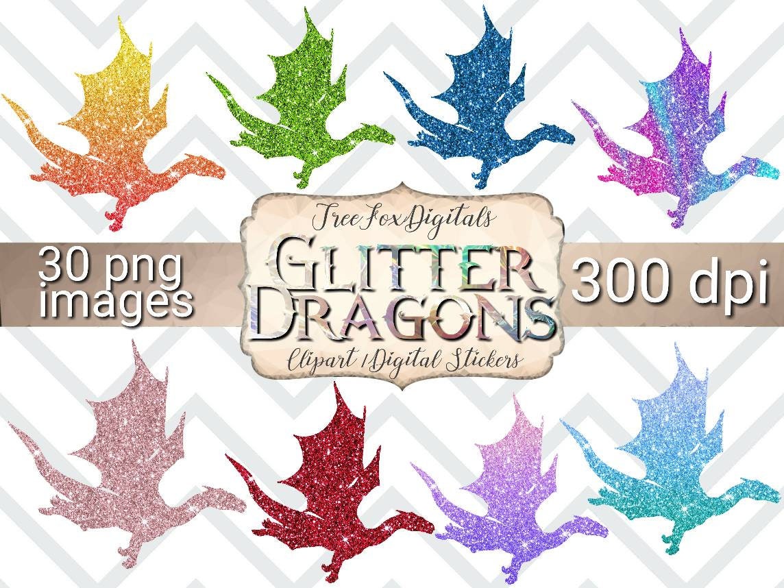 Glitter Dragons Clipart, Dragons Digital Stickers, Rainbow Colored ...