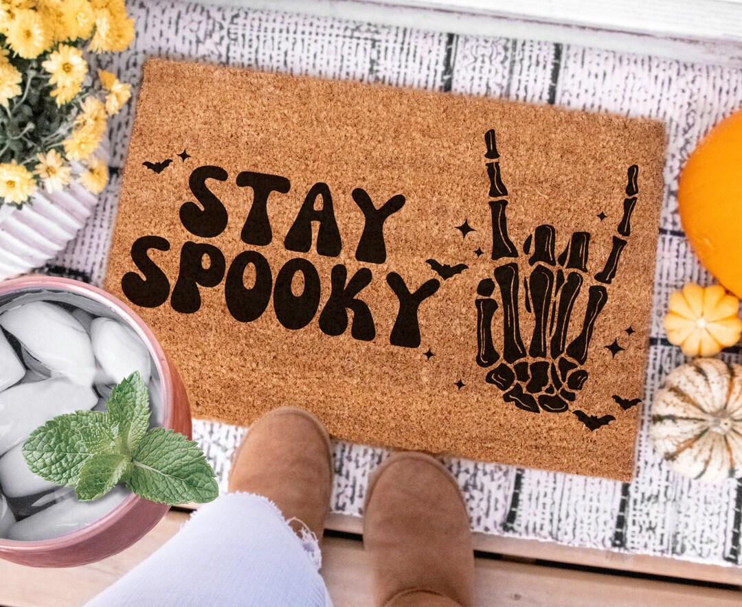 Stay Spooky Doormat, Cute Halloween Decor, Skeleton Peace Sign ...