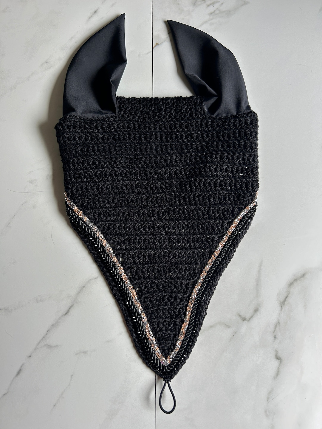 Horse Ear Bonnet in Black With Rose Gold Rhinestone Ribbon, Black Cord ...