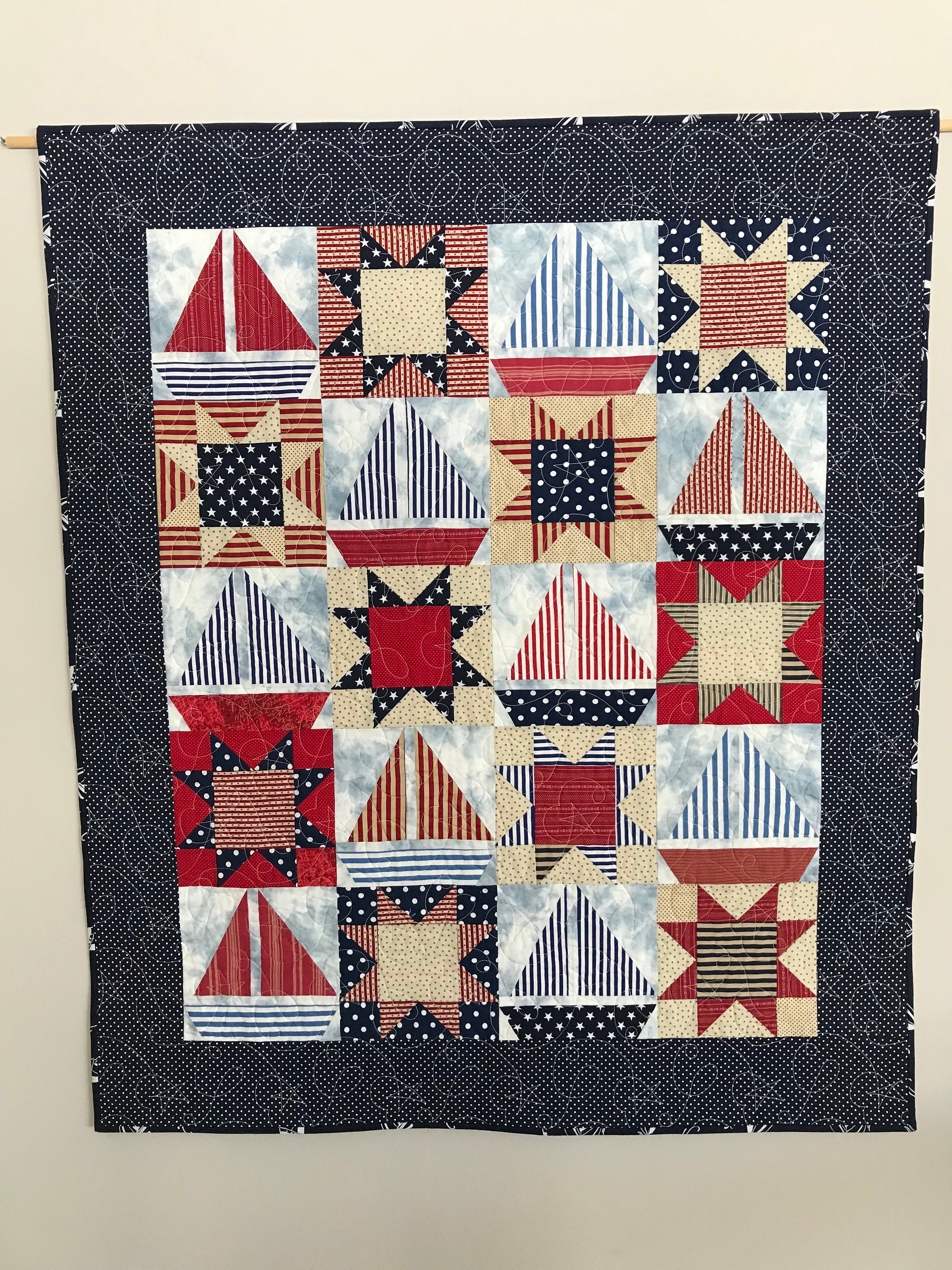 Nautical Quilt, Stars and Sailboats Quilt, Wallhanging or Throw ...