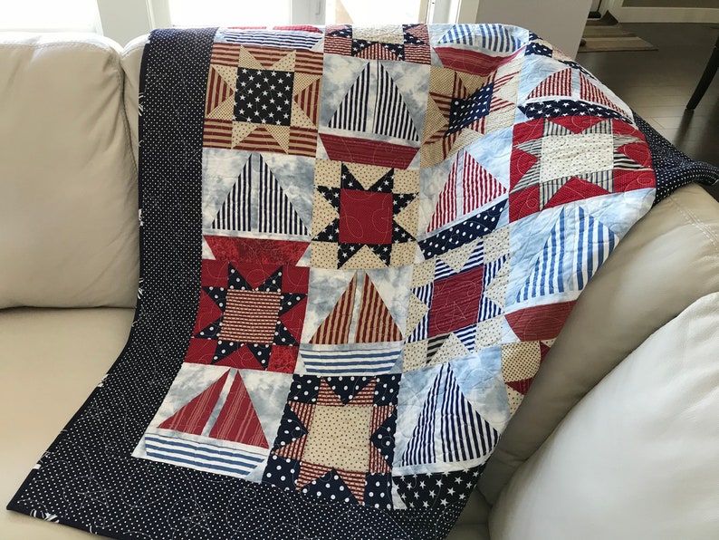 Nautical Quilt, Stars and Sailboats Quilt, Wallhanging or Throw ...