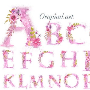 Watercolor Pink Alphabet Clipart Flowers Letters Instant - Etsy
