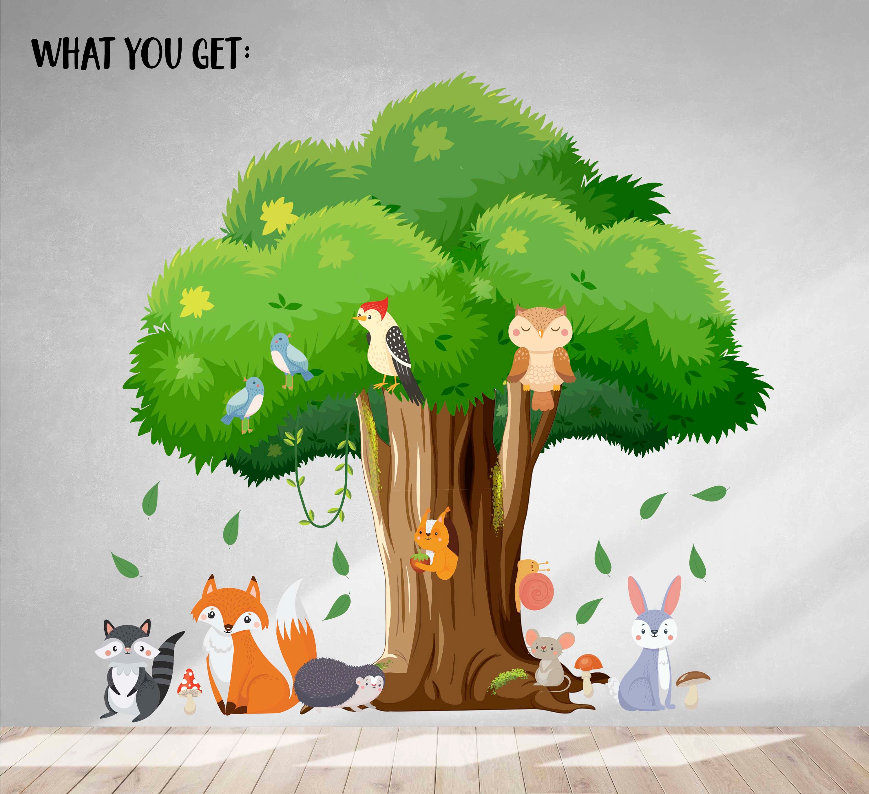 Big Green Tree Sticker Forest Animals Wall Decals Fox Hare Hedgehog ...