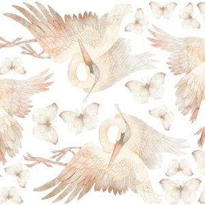 Watercolor Stork Heron Butterfly Wall Stickers Nursery Pink Beige ...
