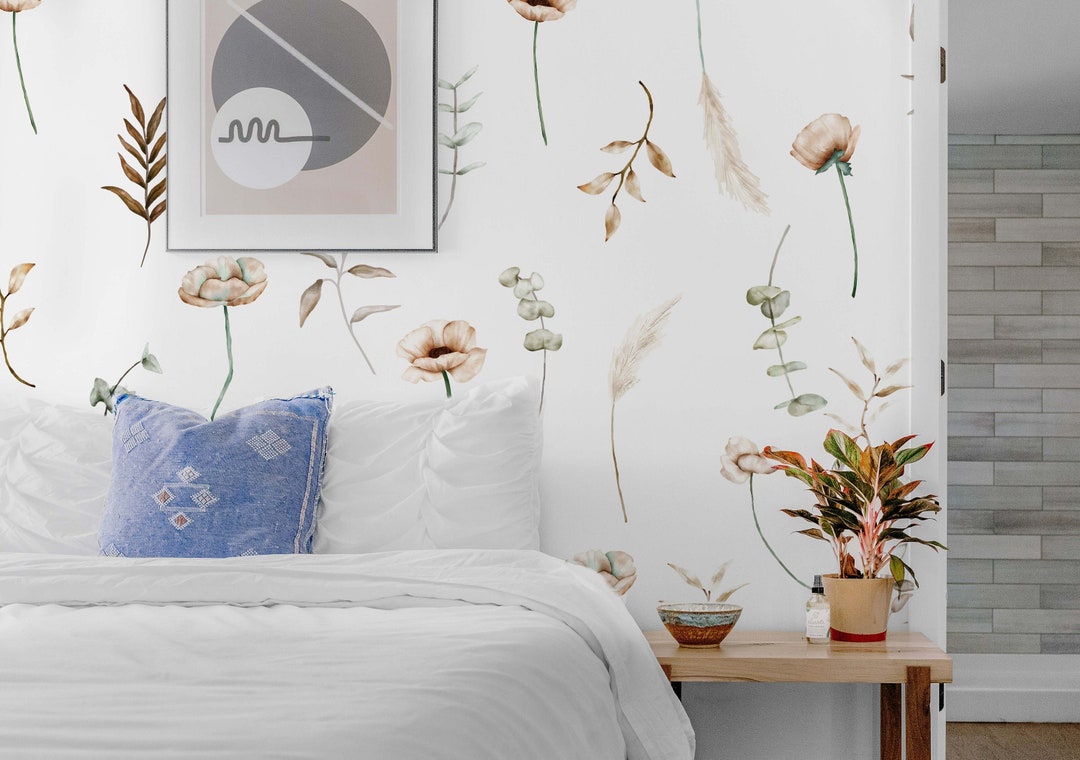 Neutral Nursery Poppy, Eucalyptus Flowers Wall Stickers Beige Calm ...