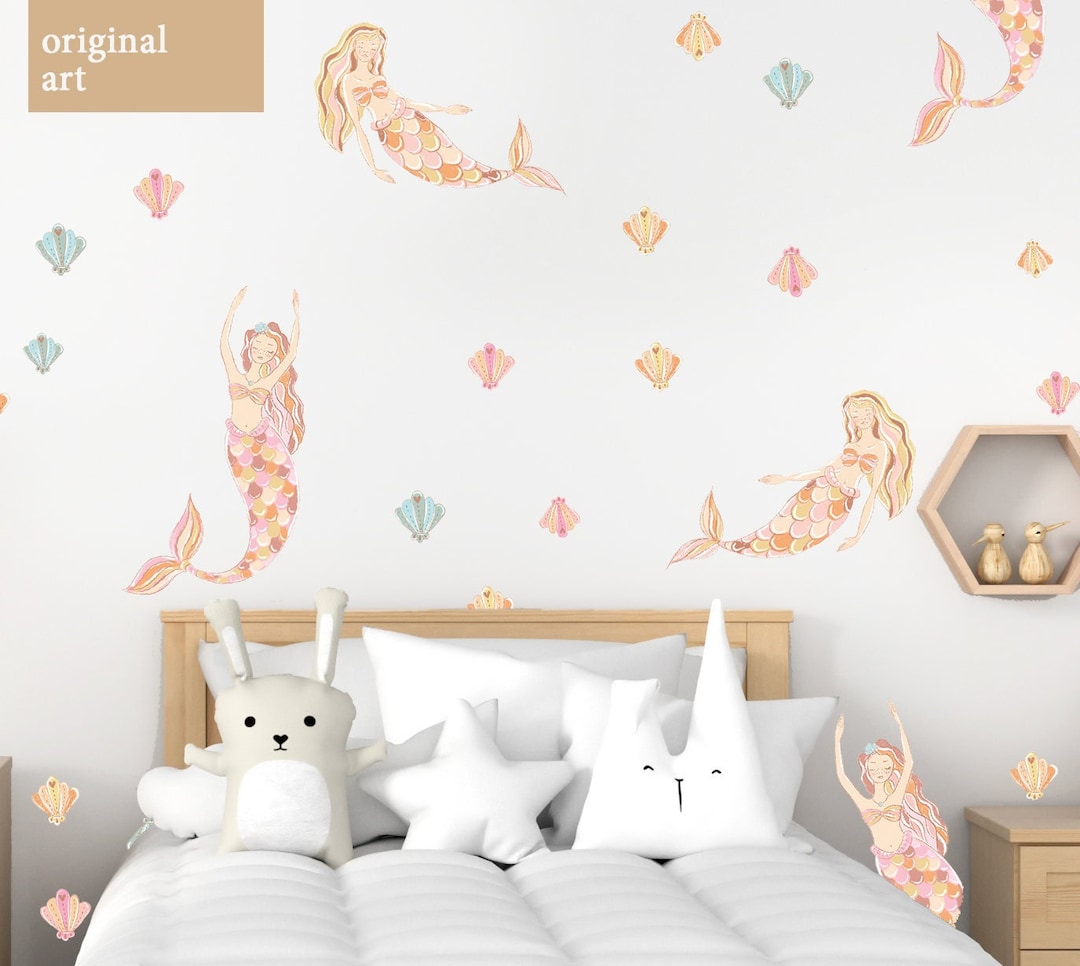 Mermaid Wall Decals, Seashells Wall Stickers, Room Decoration, Mermaids ...