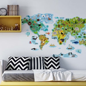 World Map Wall Decal Sticker, Animals World Map for Kids Room Decor ...
