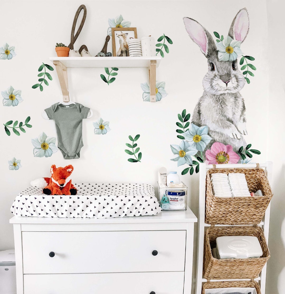 Bunny Flowers Large Wall Decal Rabbit Sticker, LF266 - Etsy