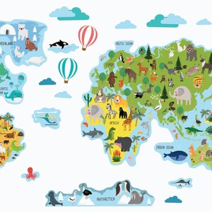 World Map Wall Decal Sticker, Animals World Map for Kids Room Decor ...