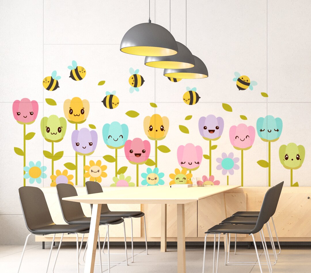 Bumblebee Flower Wall Decals, Flower Wall Decals With Bees, Tulip ...