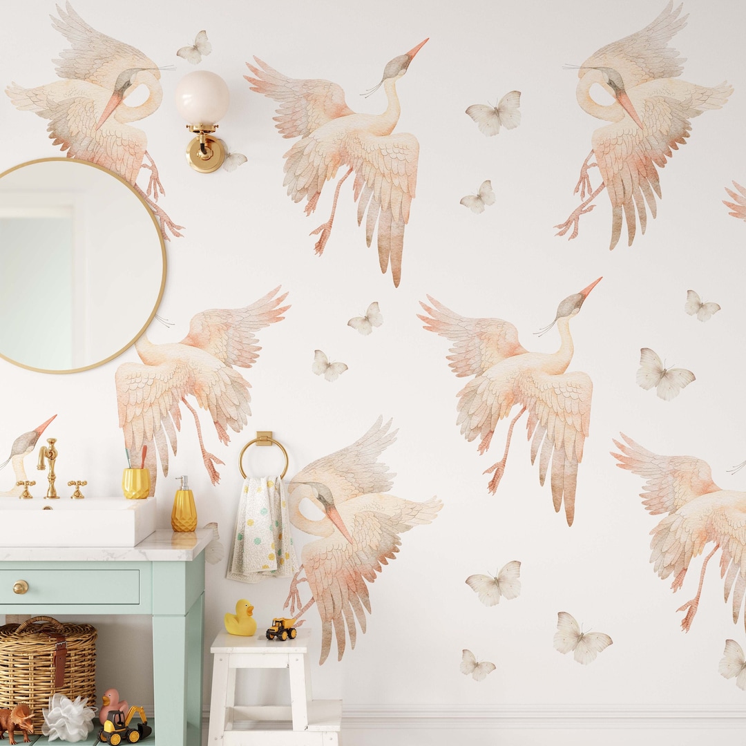 Watercolor Stork Heron Butterfly Wall Stickers Nursery Pink Beige ...