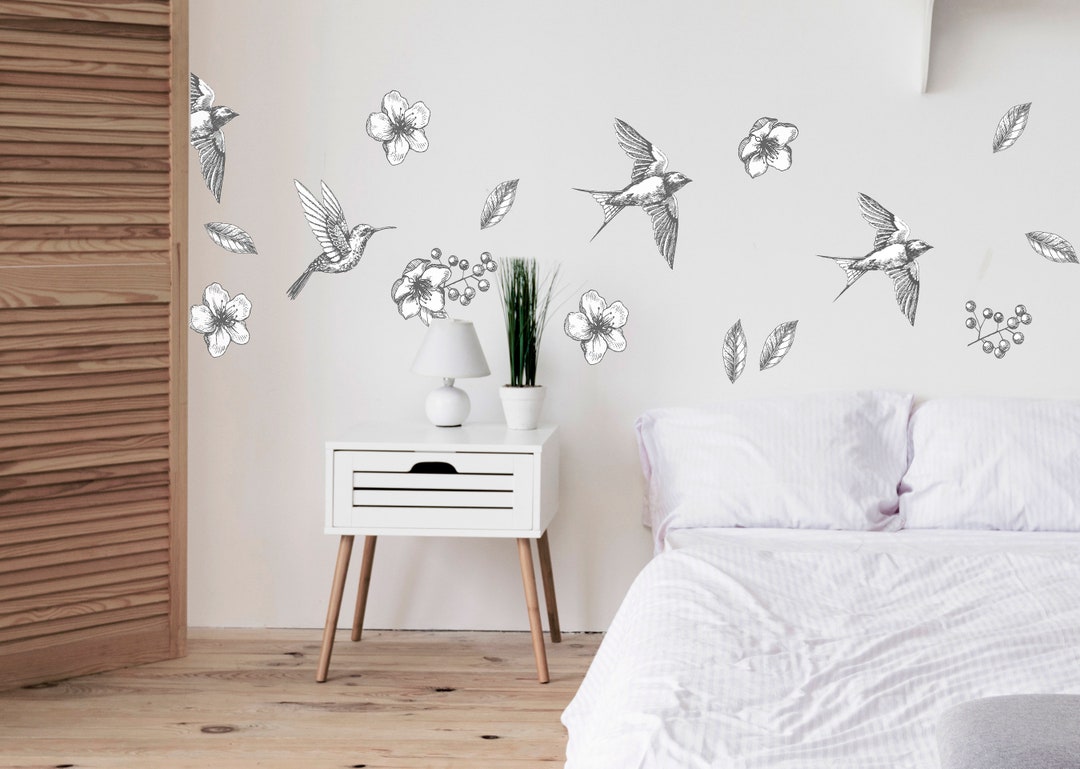 Hummingbird Birds Wall Decal, Flowers Stickers Hummingbird Flying Gray ...