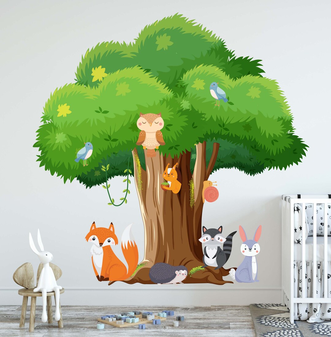 Big Green Tree Sticker Forest Animals Wall Decals Fox Hare Hedgehog ...