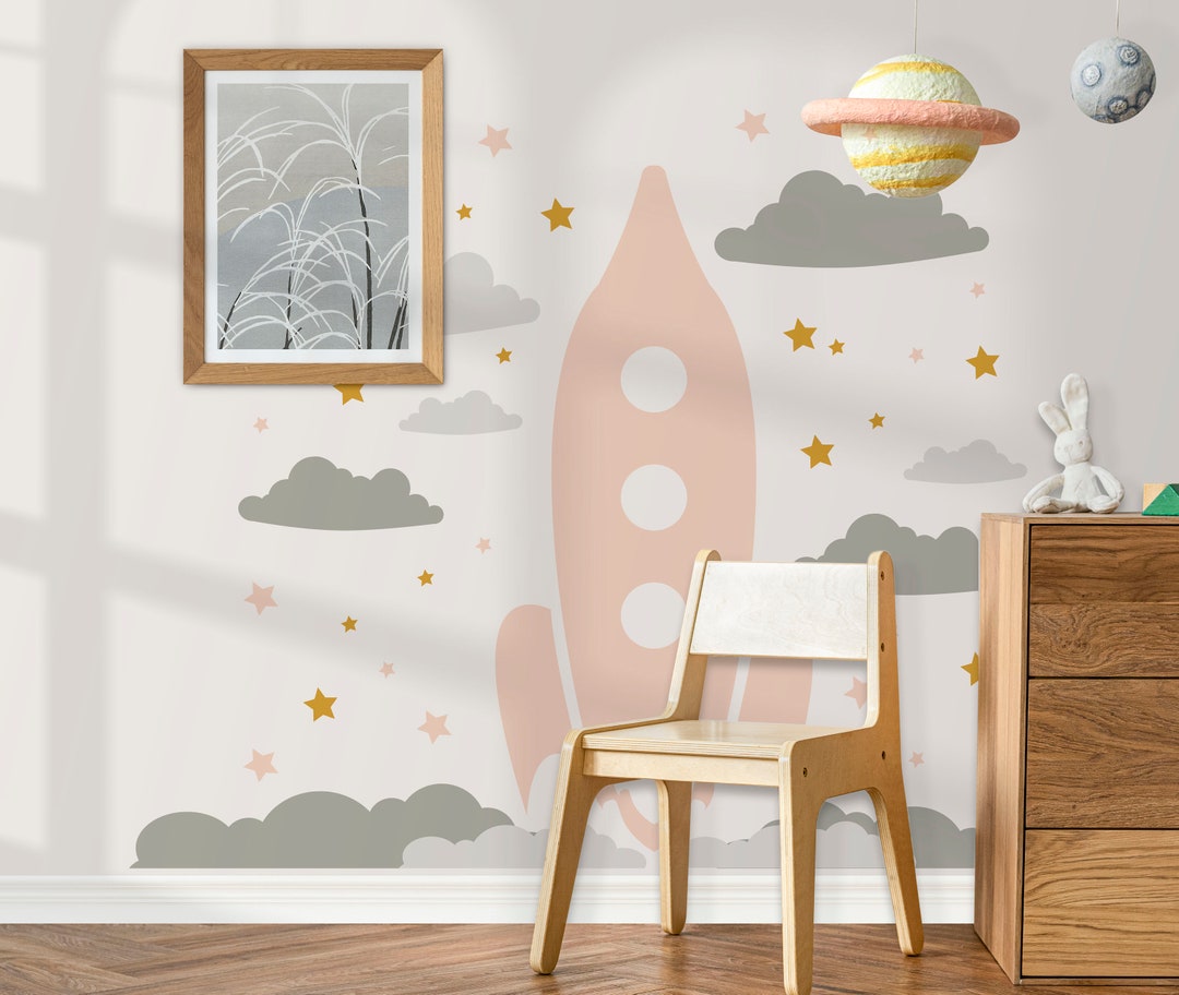 Rocket Wall Decal Space Ship Large Sticker Boy Girl Bedroom Decor Stars ...
