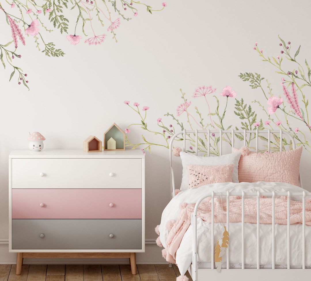Watercolor Flowers Wall Stickers Nursery Pink Green Floral Leaves ...